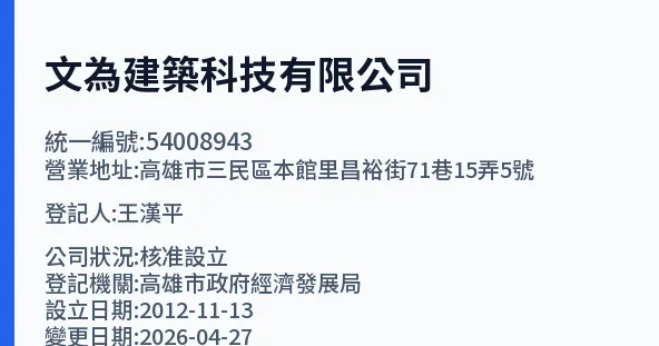文為建築科技有限公司的照片-統編 54008943(高雄市) 公司登記資料與營業項目詳細圖表