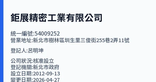 鉅展精密工業有限公司的照片-統編 54009252(新北市) 公司登記資料與營業項目詳細圖表