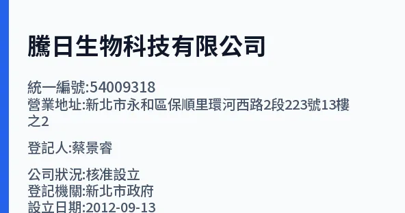 騰日生物科技有限公司的照片-統編 54009318(新北市) 公司登記資料與營業項目詳細圖表