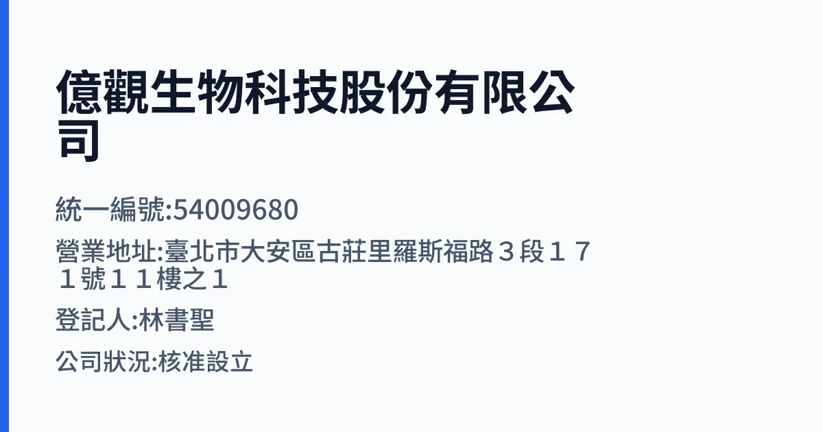 億觀生物科技股份有限公司 - 統編 54009680(臺北市) 公司登記資料與營業項目詳細圖表