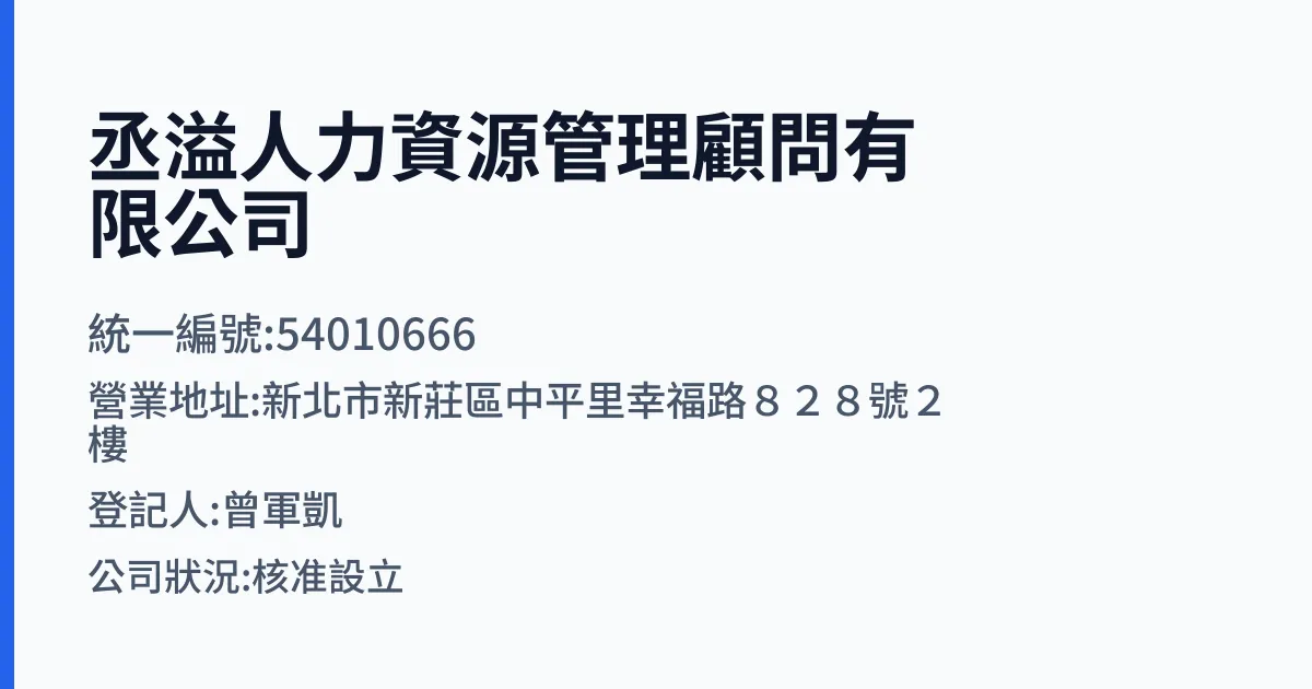 丞溢人力資源管理顧問有限公司 - 統編 54010666(新北市) 公司登記資料與營業項目詳細圖表