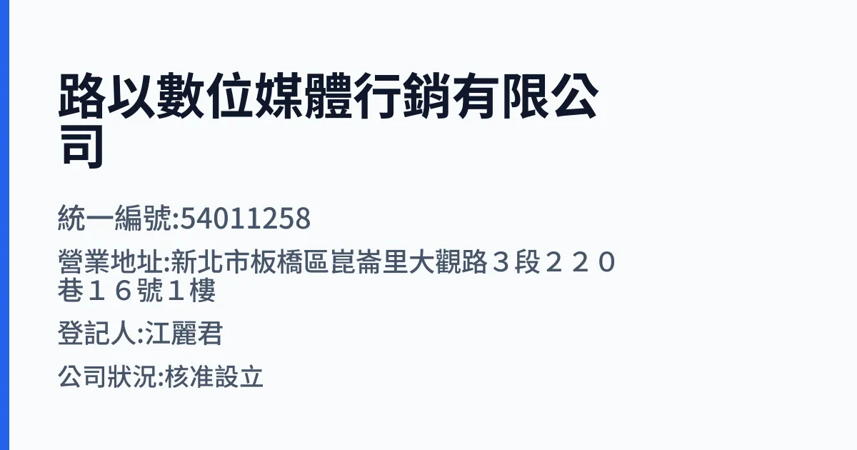路以數位媒體行銷有限公司 - 統編 54011258(新北市) 公司登記資料與營業項目詳細圖表