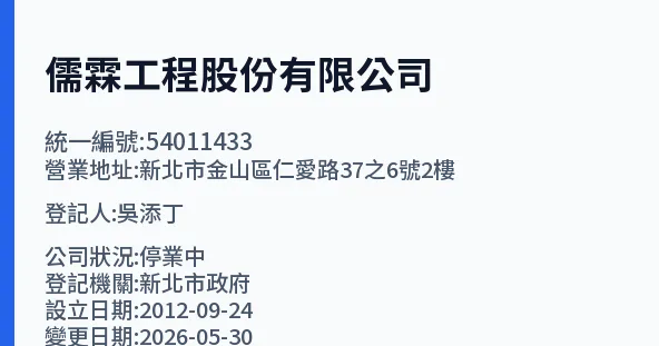 儒霖工程股份有限公司的照片-統編 54011433(新北市) 公司登記資料與營業項目詳細圖表