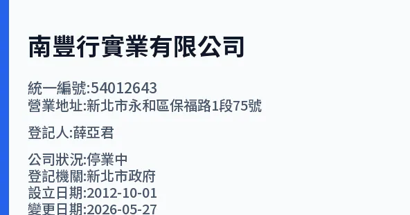 南豐行實業有限公司的照片-統編 54012643(新北市) 公司登記資料與營業項目詳細圖表