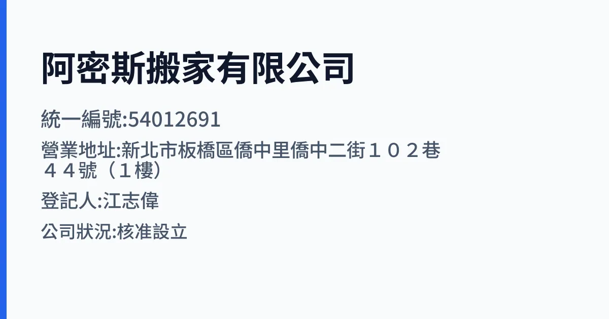 阿密斯搬家有限公司 - 統編 54012691(新北市) 公司登記資料與營業項目詳細圖表