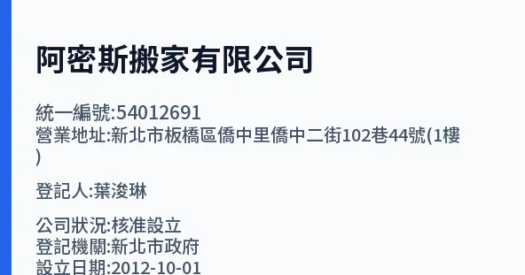 阿密斯搬家有限公司的照片-統編 54012691(新北市) 公司登記資料與營業項目詳細圖表