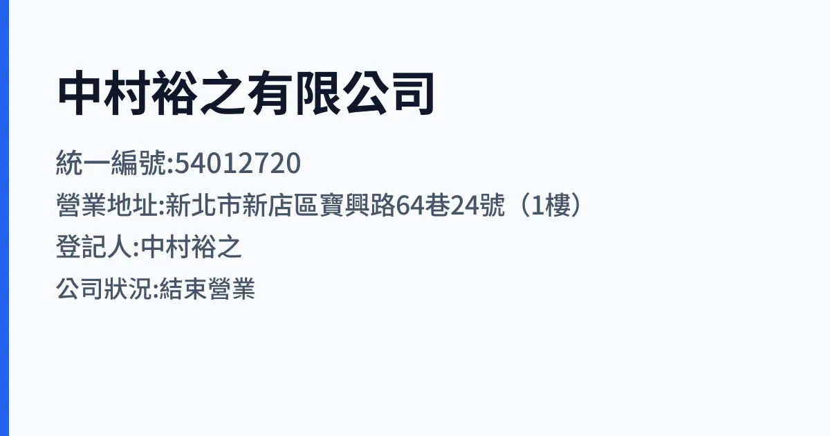 中村裕之有限公司 - 統編 54012720(新北市) 公司登記資料與營業項目詳細圖表