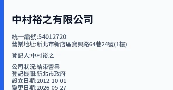 中村裕之有限公司的照片-統編 54012720(新北市) 公司登記資料與營業項目詳細圖表
