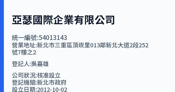亞瑟國際企業有限公司的照片-統編 54013143(新北市) 公司登記資料與營業項目詳細圖表