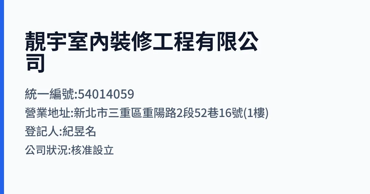 靚宇室內裝修工程有限公司 - 統編 54014059(新北市) 公司登記資料與營業項目詳細圖表