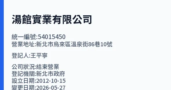 湯館實業有限公司的照片-統編 54015450(新北市) 公司登記資料與營業項目詳細圖表