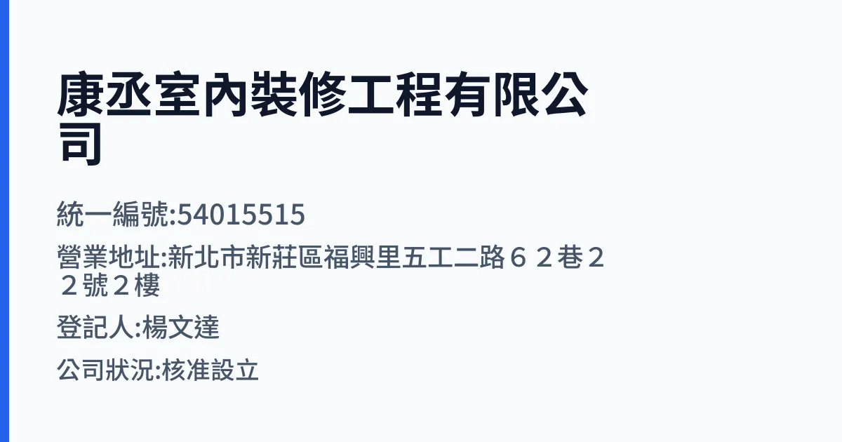 康丞室內裝修工程有限公司 - 統編 54015515(新北市) 公司登記資料與營業項目詳細圖表