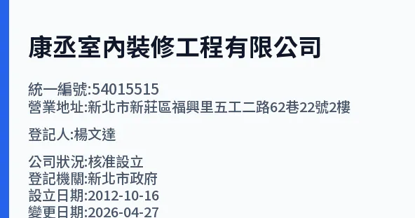 康丞室內裝修工程有限公司的照片-統編 54015515(新北市) 公司登記資料與營業項目詳細圖表