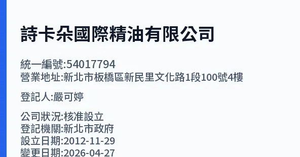 詩卡朵國際精油有限公司的照片-統編 54017794(新北市) 公司登記資料與營業項目詳細圖表