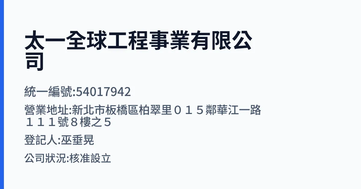 太一全球工程事業有限公司 - 統編 54017942(新北市) 公司登記資料與營業項目詳細圖表