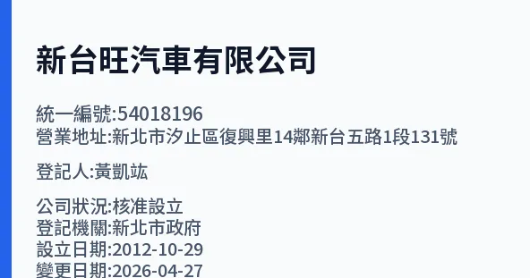 新台旺汽車有限公司的照片-統編 54018196(新北市) 公司登記資料與營業項目詳細圖表