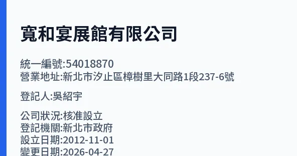 寬和宴展館有限公司的照片-統編 54018870(新北市) 公司登記資料與營業項目詳細圖表