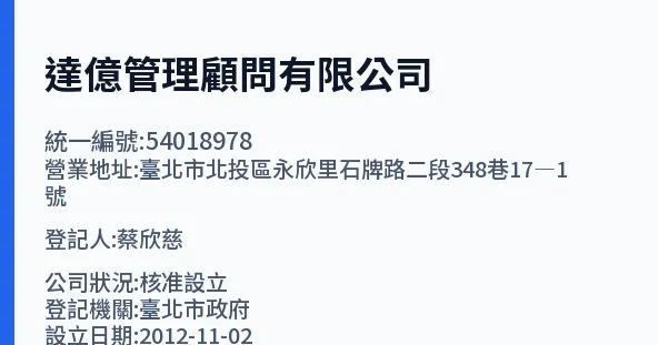 達億管理顧問有限公司的照片-統編 54018978(臺北市) 公司登記資料與營業項目詳細圖表
