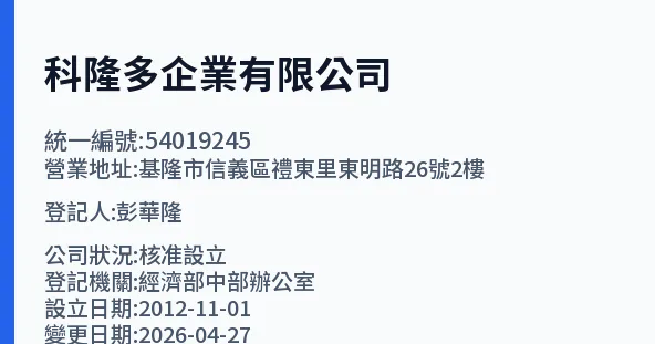 科隆多企業有限公司的照片-統編 54019245(基隆市) 公司登記資料與營業項目詳細圖表