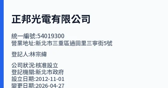 正邦光電有限公司的照片-統編 54019300(新北市) 公司登記資料與營業項目詳細圖表