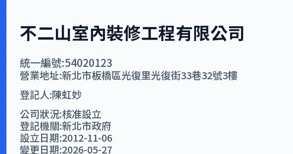 不二山室內裝修工程有限公司的照片-統編 54020123(新北市) 公司登記資料與營業項目詳細圖表