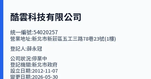 酷雲科技有限公司的照片-統編 54020257(新北市) 公司登記資料與營業項目詳細圖表