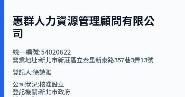 惠群人力資源管理顧問有限公司的照片-統編 54020622(新北市) 公司登記資料與營業項目詳細圖表