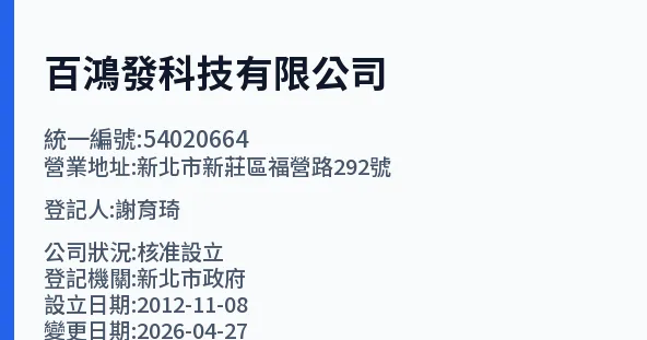 百鴻發科技有限公司的照片-統編 54020664(新北市) 公司登記資料與營業項目詳細圖表
