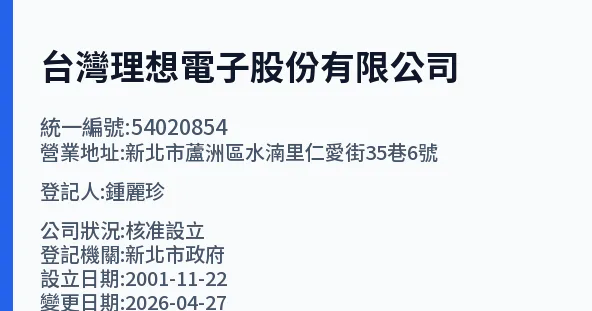 台灣理想電子股份有限公司的照片-統編 54020854(新北市) 公司登記資料與營業項目詳細圖表