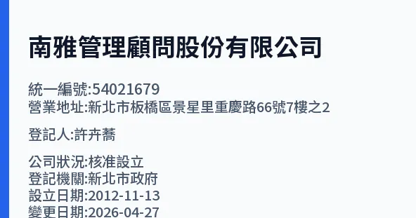 南雅管理顧問股份有限公司的照片-統編 54021679(新北市) 公司登記資料與營業項目詳細圖表