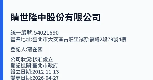 睛世隆中股份有限公司的照片-統編 54021690(臺北市) 公司登記資料與營業項目詳細圖表