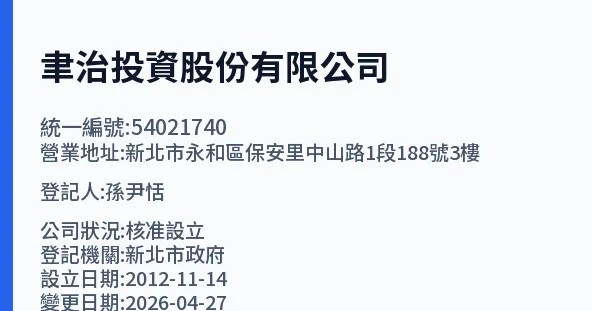 聿治投資股份有限公司的照片-統編 54021740(新北市) 公司登記資料與營業項目詳細圖表