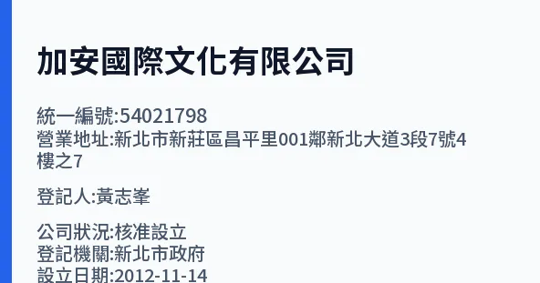 加安國際文化有限公司的照片-統編 54021798(新北市) 公司登記資料與營業項目詳細圖表