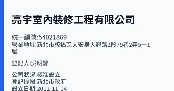 亮宇室內裝修工程有限公司的照片-統編 54021869(新北市) 公司登記資料與營業項目詳細圖表
