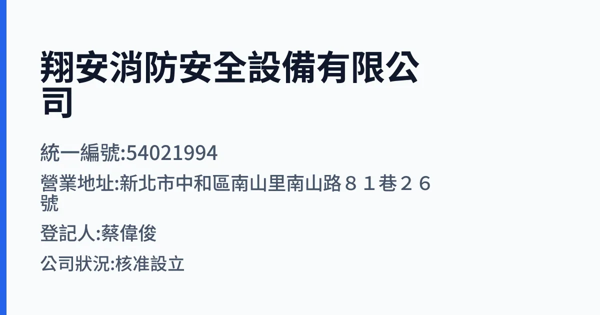 翔安消防安全設備有限公司 - 統編 54021994(新北市) 公司登記資料與營業項目詳細圖表