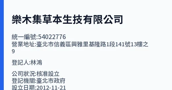樂木集草本生技有限公司的照片-統編 54022776(臺北市) 公司登記資料與營業項目詳細圖表