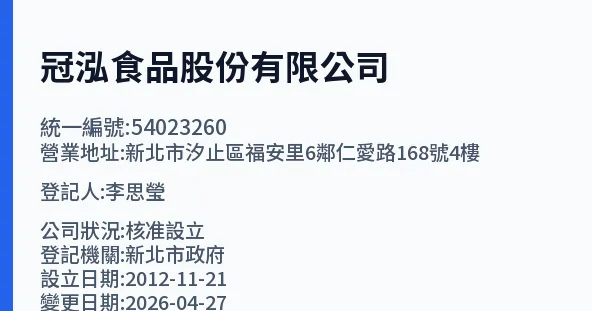 冠泓食品股份有限公司的照片-統編 54023260(新北市) 公司登記資料與營業項目詳細圖表