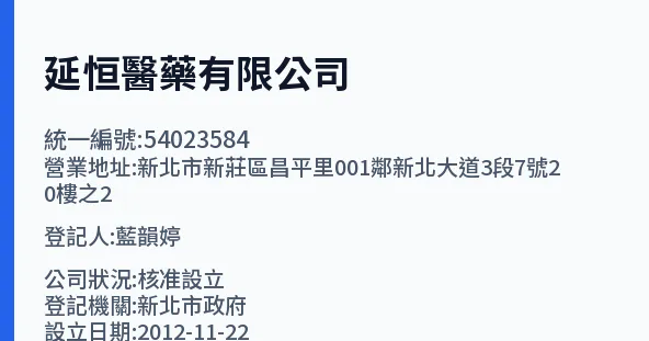 延恒醫藥有限公司的照片-統編 54023584(新北市) 公司登記資料與營業項目詳細圖表