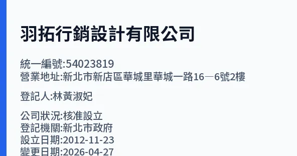 羽拓行銷設計有限公司的照片-統編 54023819(新北市) 公司登記資料與營業項目詳細圖表