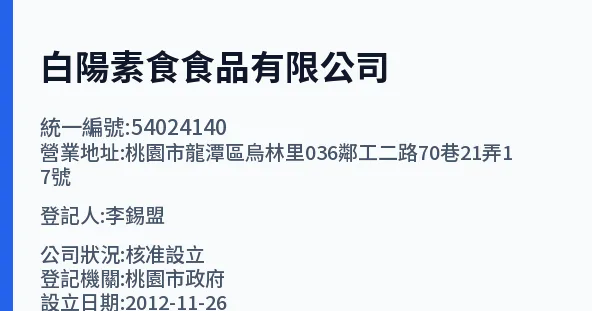 白陽素食食品有限公司的照片-統編 54024140(桃園市) 公司登記資料與營業項目詳細圖表