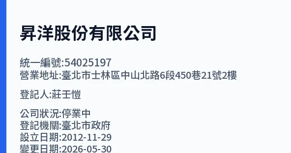 昇洋股份有限公司的照片-統編 54025197(臺北市) 公司登記資料與營業項目詳細圖表