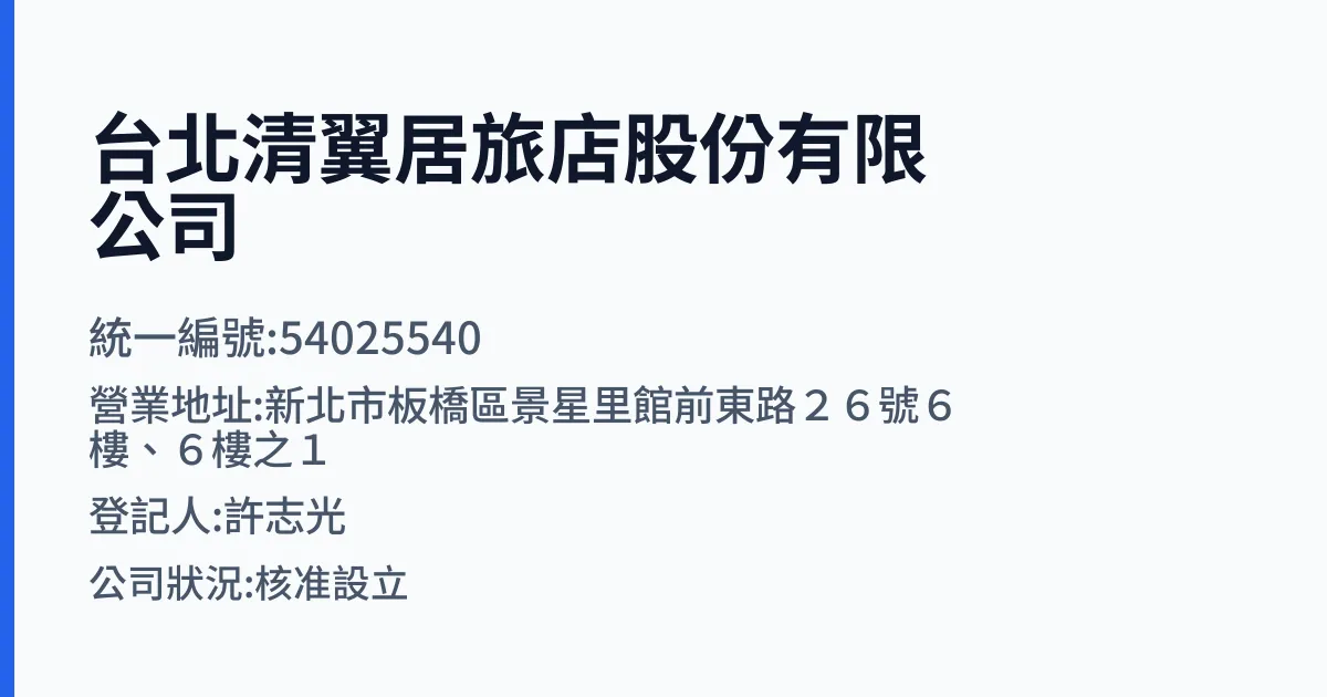 台北清翼居旅店股份有限公司 - 統編 54025540(新北市) 公司登記資料與營業項目詳細圖表