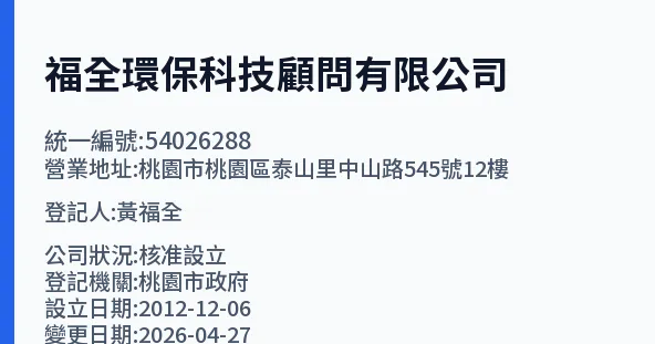 福全環保科技顧問有限公司的照片-統編 54026288(桃園市) 公司登記資料與營業項目詳細圖表