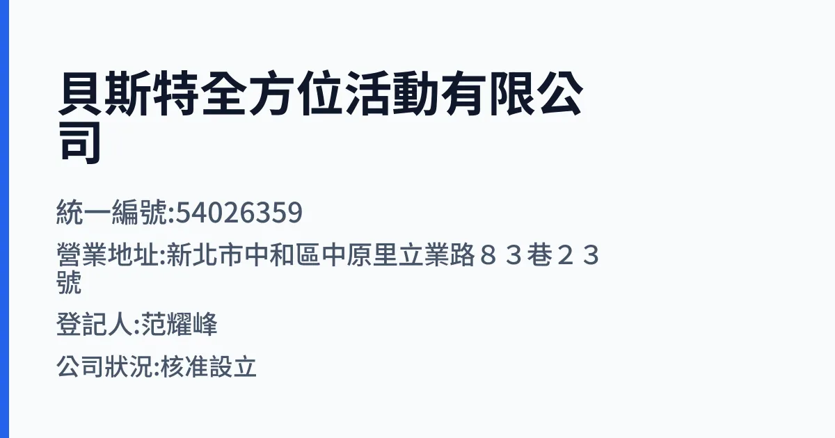 貝斯特全方位活動有限公司 - 統編 54026359(新北市) 公司登記資料與營業項目詳細圖表