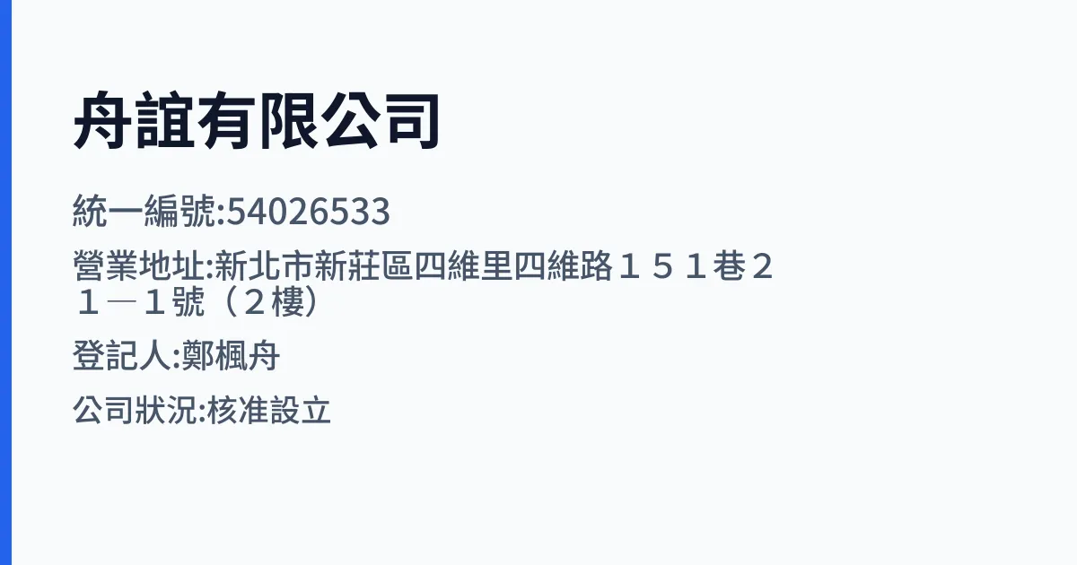 舟誼有限公司 - 統編 54026533(新北市) 公司登記資料與營業項目詳細圖表