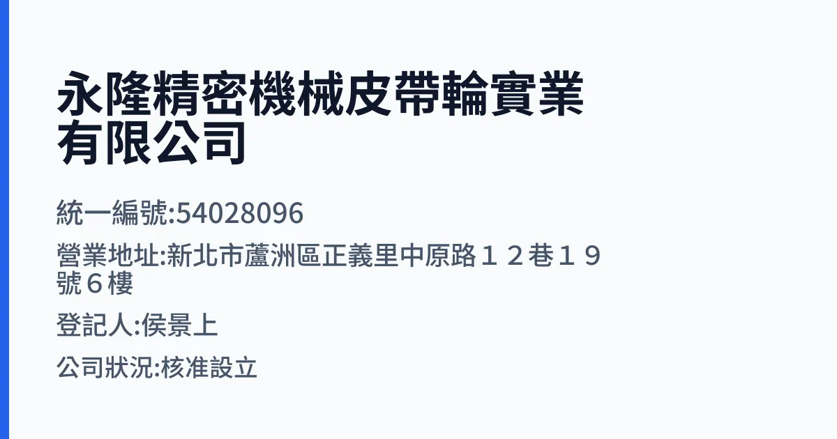永隆精密機械皮帶輪實業有限公司 - 統編 54028096(新北市) 公司登記資料與營業項目詳細圖表