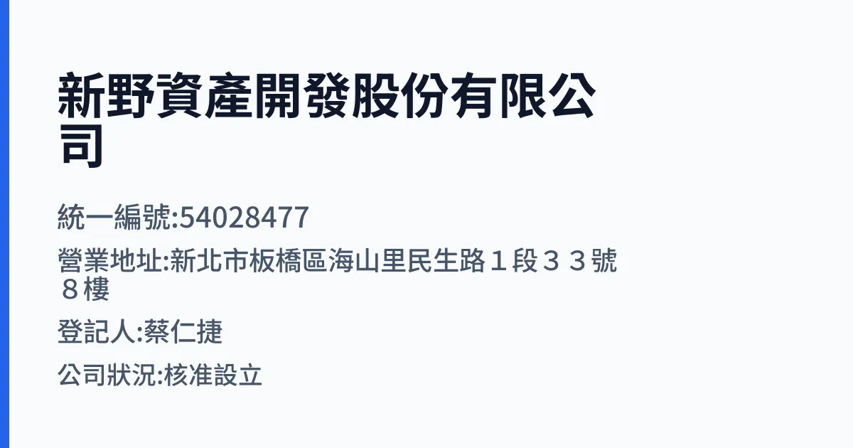 新野資產開發股份有限公司 - 統編 54028477(新北市) 公司登記資料與營業項目詳細圖表