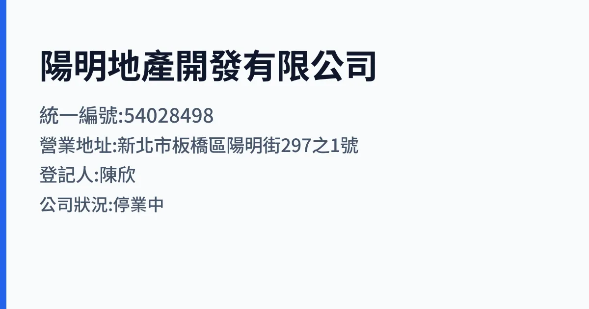 陽明地產開發有限公司 - 統編 54028498(新北市) 公司登記資料與營業項目詳細圖表