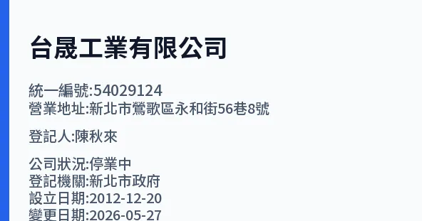 台晟工業有限公司的照片-統編 54029124(新北市) 公司登記資料與營業項目詳細圖表