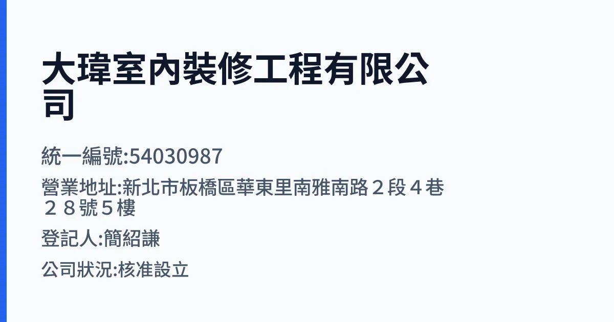 大瑋室內裝修工程有限公司 - 統編 54030987(新北市) 公司登記資料與營業項目詳細圖表